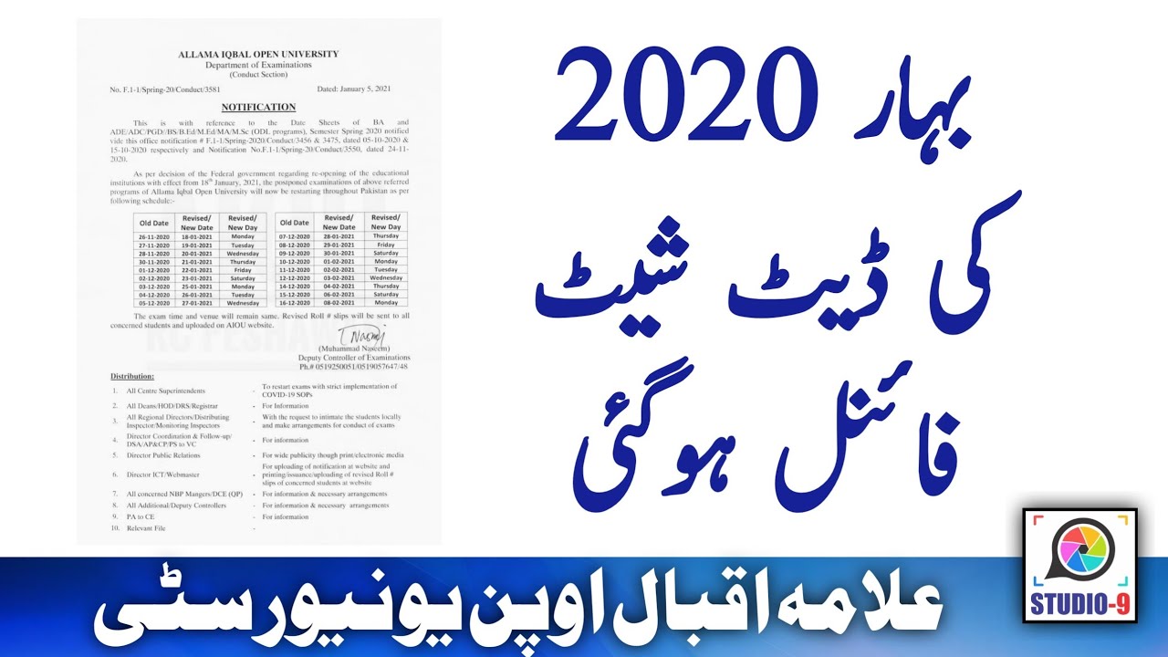 Final Date Sheet Of Spring 2020