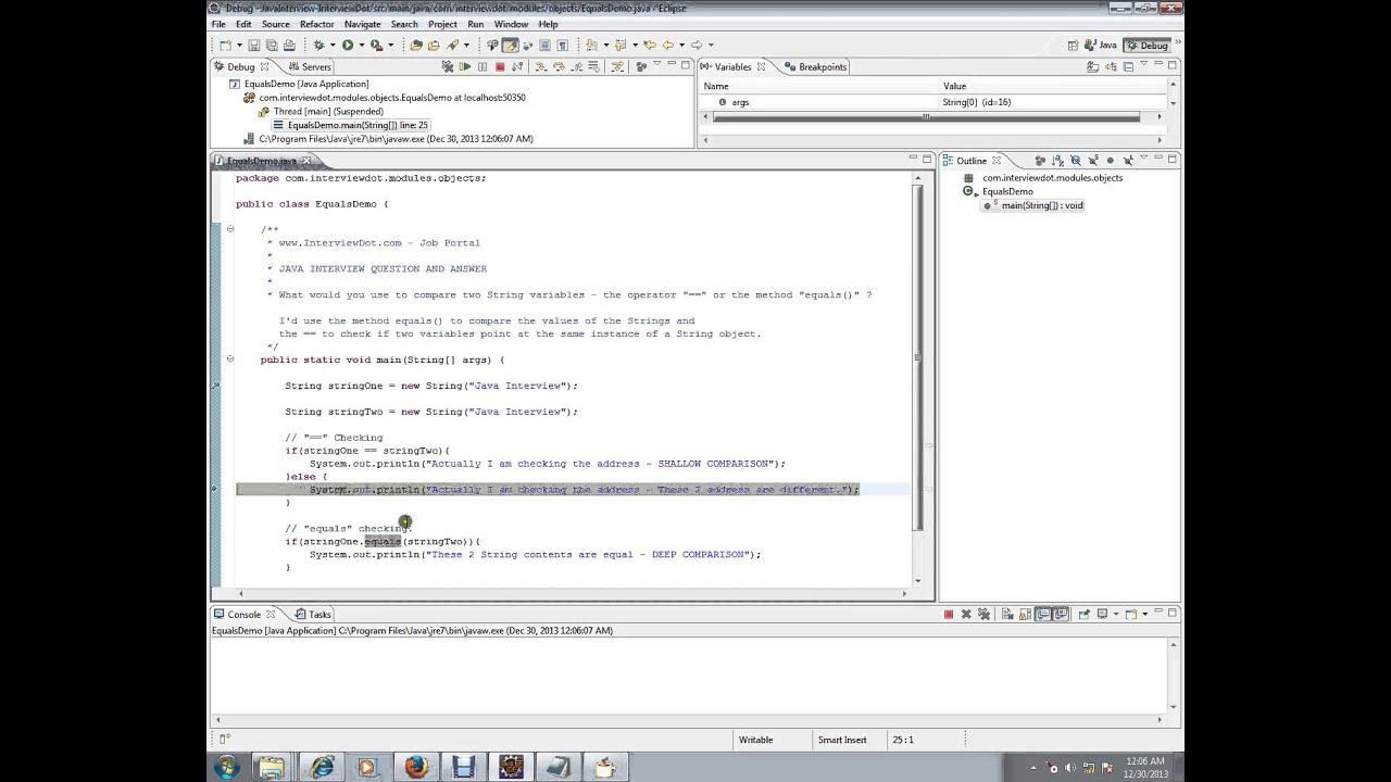 Fresher Java Interview Question Answer How to compare two String objects == or equals method Java In
