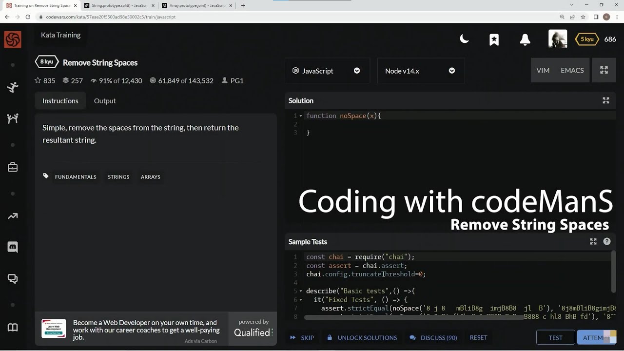 Codewars 8 kyu Remove String Spaces Javascript