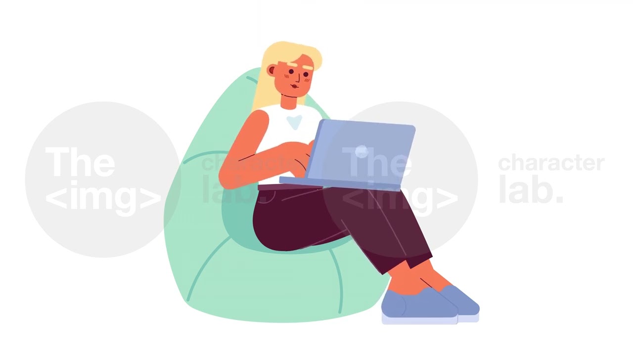 Typing freelancer woman in beanbag cartoon animation