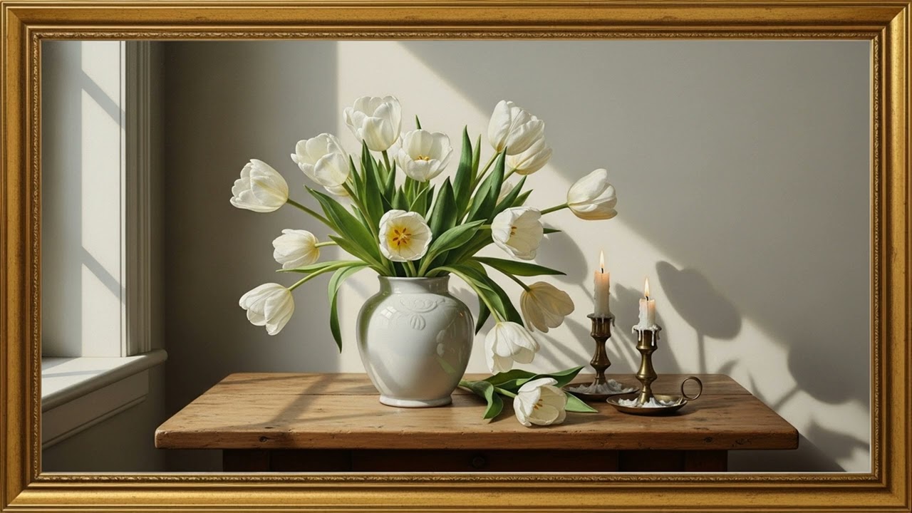 2 Hours Gentle Candlelight Art 🕯️ White Tulips Still Life | Calm 4K TV Background