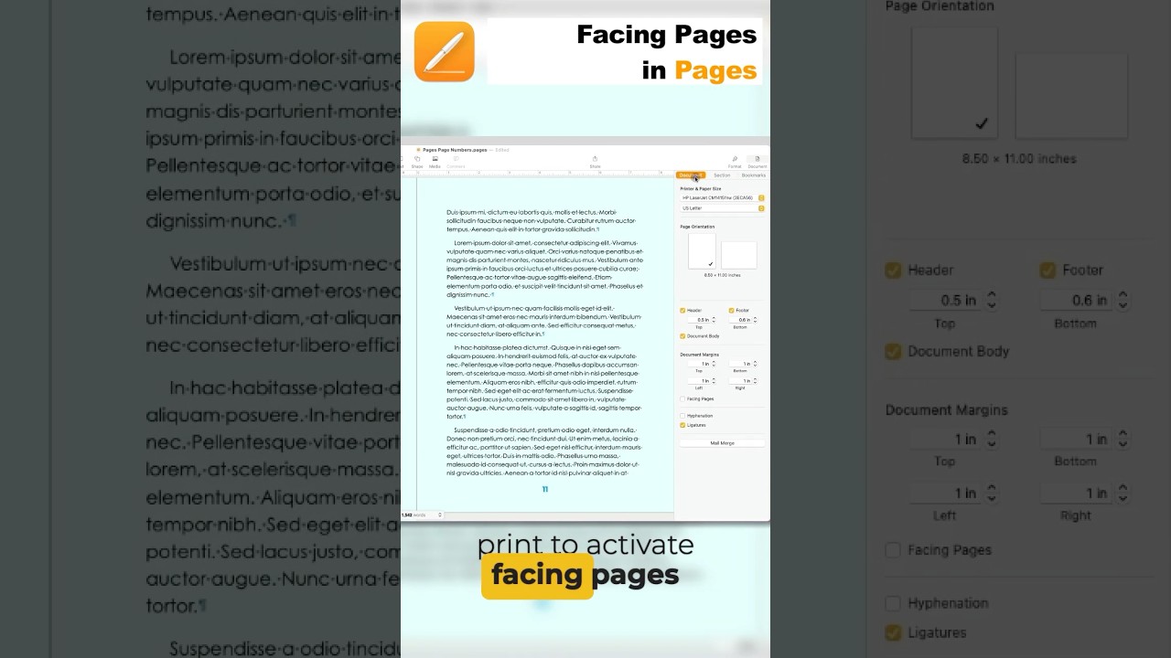 Facing Pages in Apple Pages Short