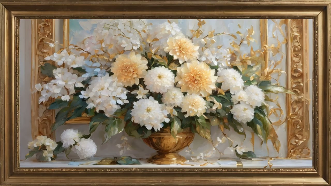 Oil Painting of White & Golden Flowers. Gold framed Vintage art screensaver. 4k TV  background