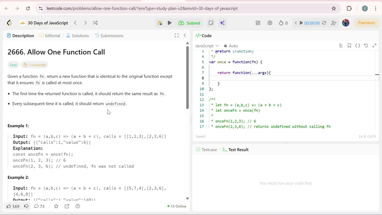 Day 10 of My 30 Days of JavaScript Challenge — LeetCode 2666 Allow One Function Call 🔒