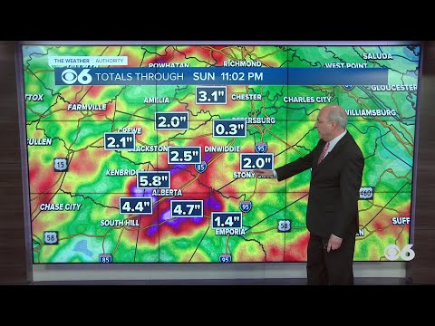 Estimated rain totals in Virginia show 4, 5 and close to 6 inches
