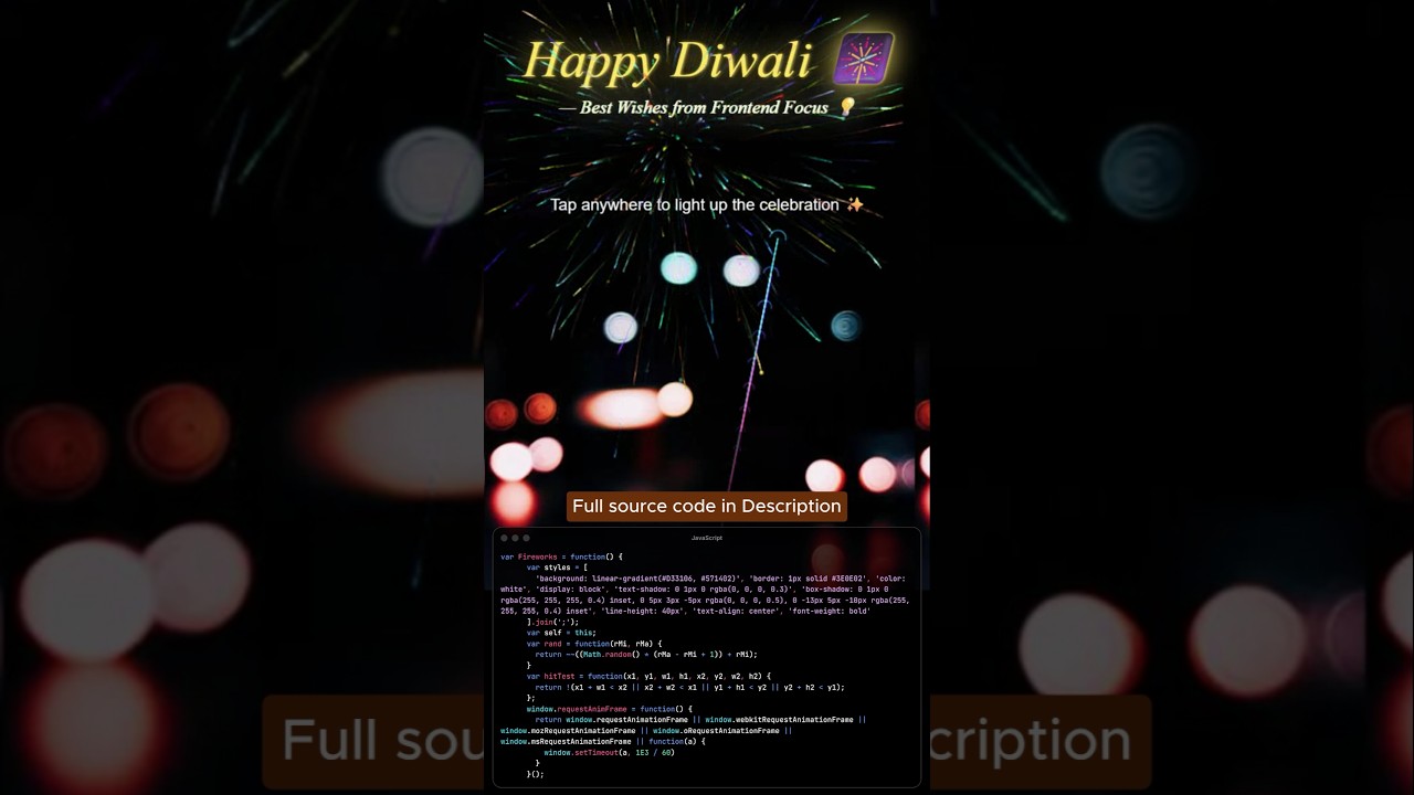 💥 Happy Diwali Animation Using HTML, CSS & JavaScript | Fireworks Effect 🎆✨ #shorts