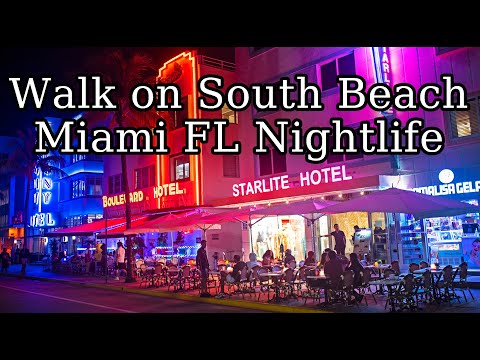 Miami FL South Beach Nightlife. Walking Ocean Drive and the Art Deco district.