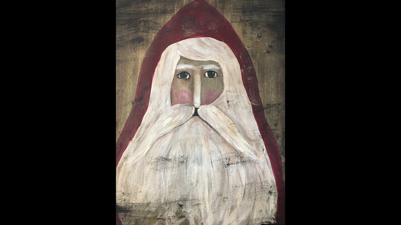 Colonial Primitive Decor Folk Art Santa Painting