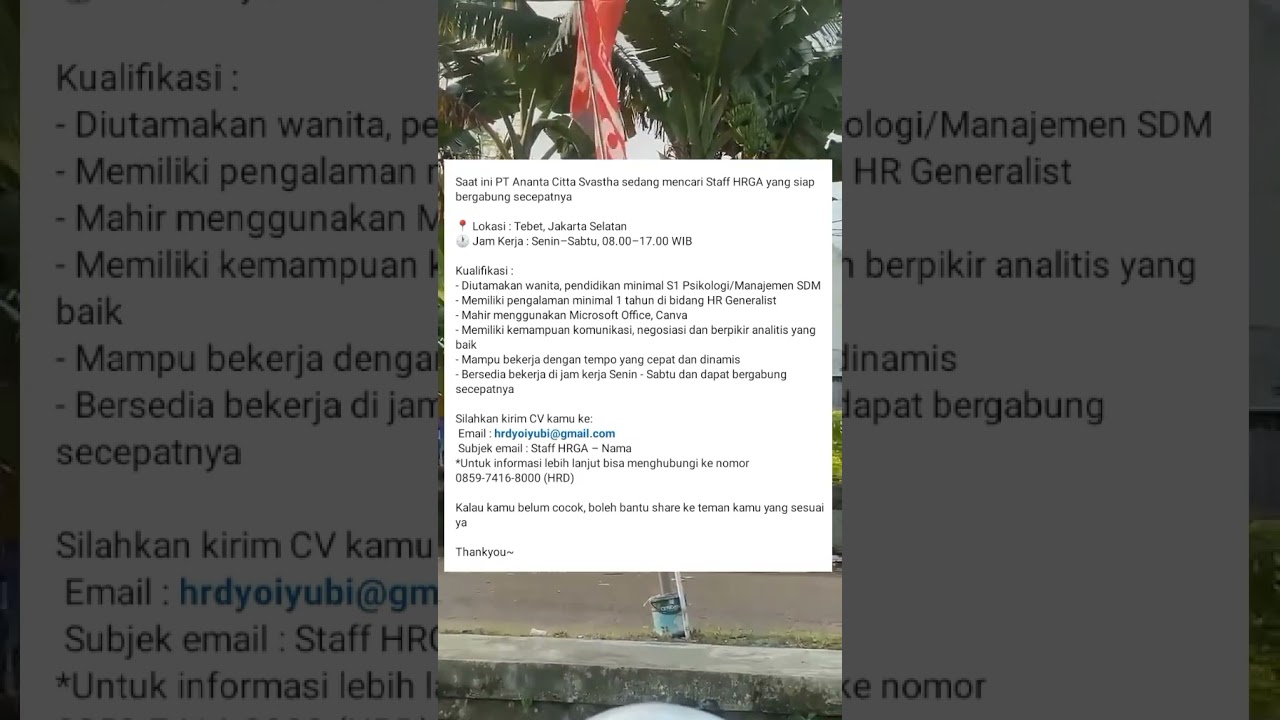 PT Ananta Citta Svastha Sedang Membuka Lowongan Kerja Untuk Posisi Staff HRGA