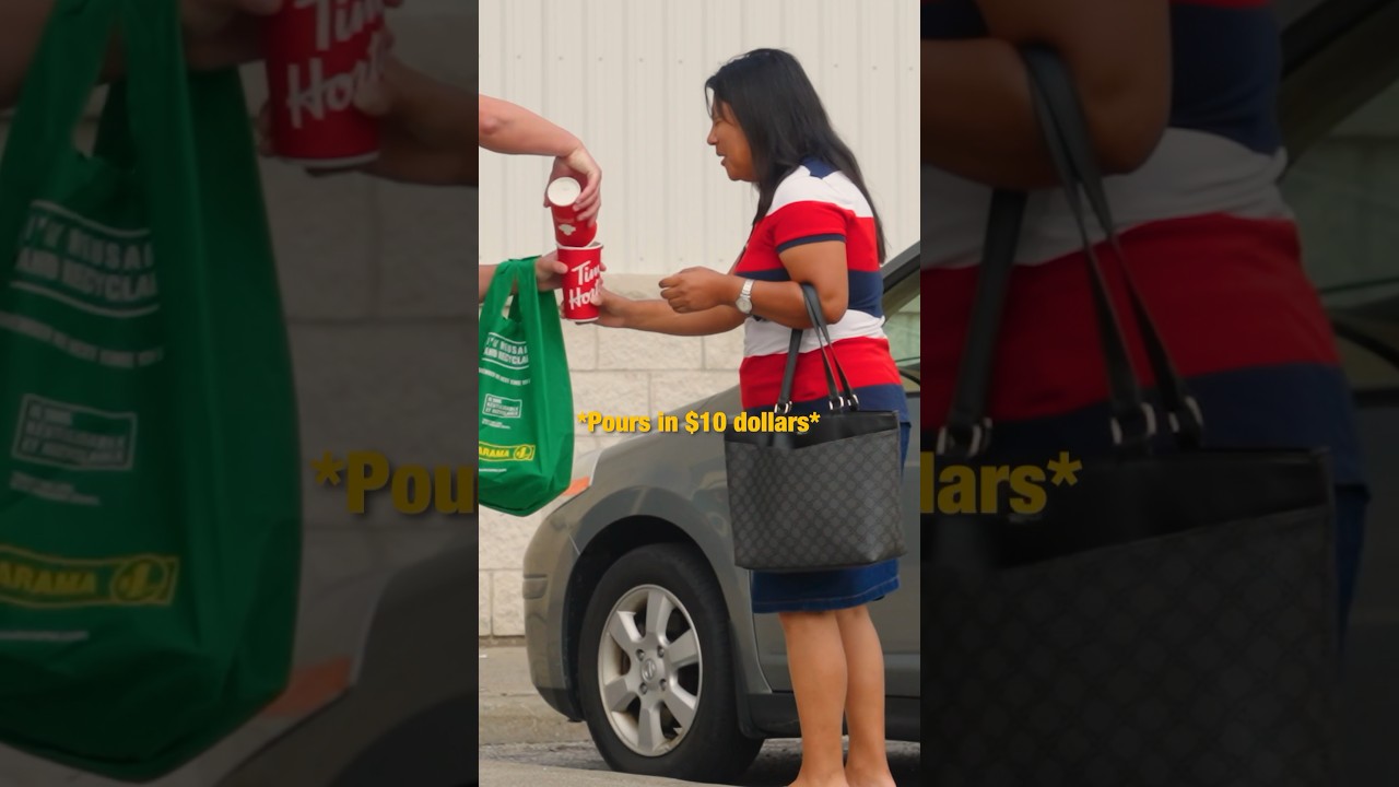 Homeless person giving cash to strangers