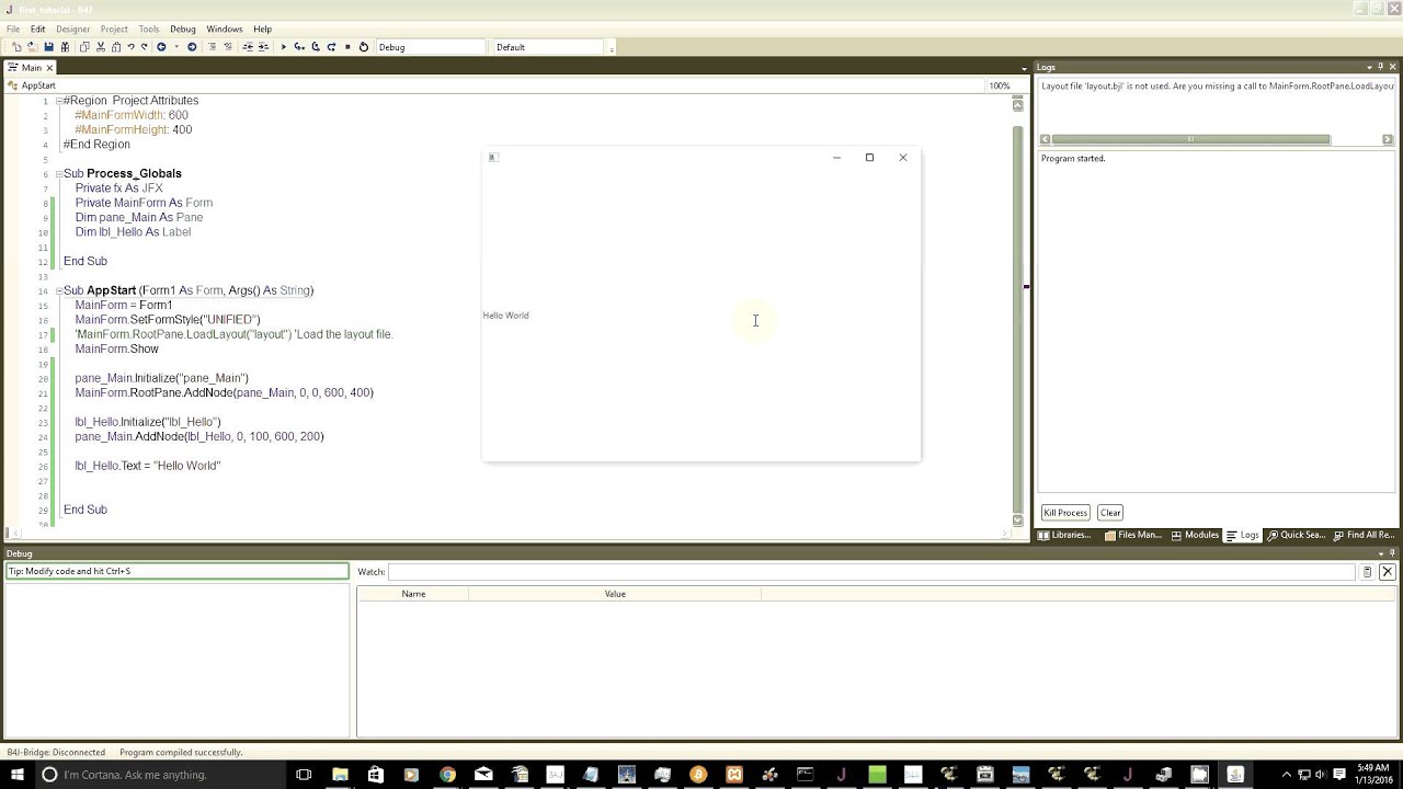 B4J Hello World Tutorial with coded views