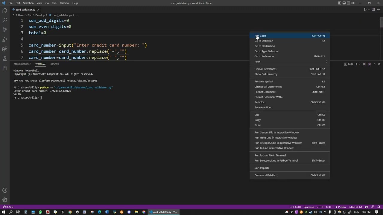 Credit Card Validator using python. #shorts #programming #python