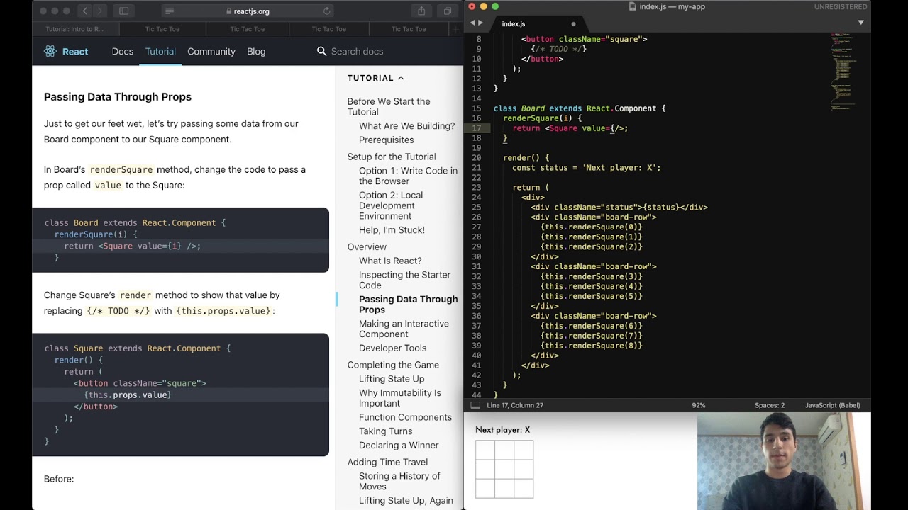 Official React Tutorial Walkthrough - Tic Tac Toe Game
