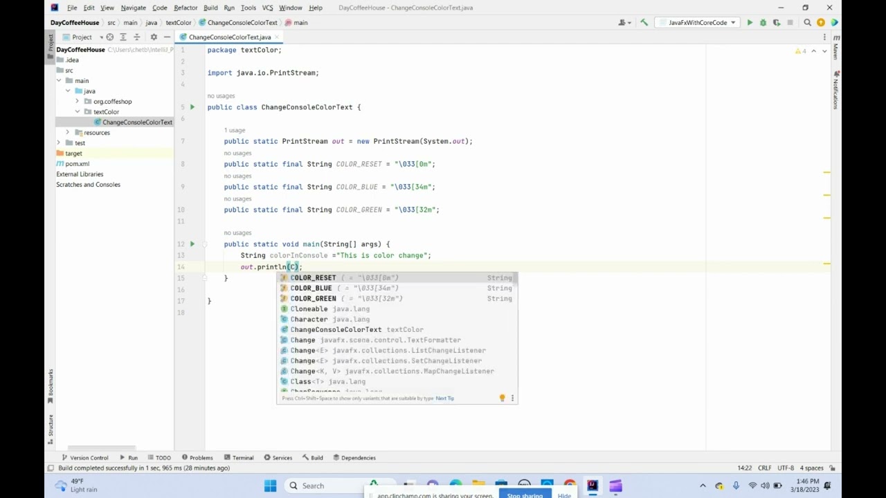 Java display the console text in different color using ANSI escaped code for core java program.
