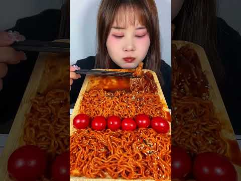 Asmr Mukbang, Food With Plate, Spicist Enoki Mushrooms, And Noodles Meatballs Spicy Yummy