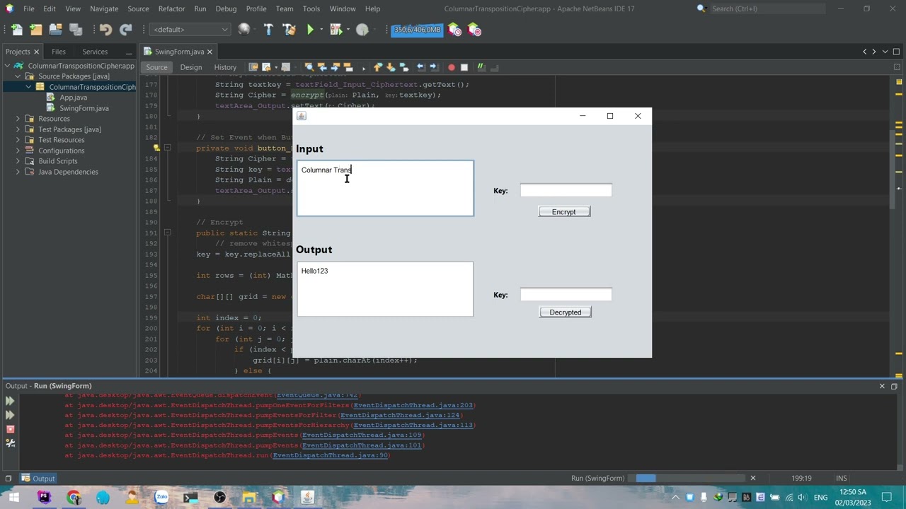 Columnar Transposition Cipher Algorithm  java swing code