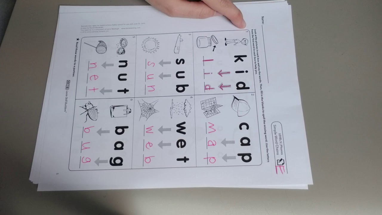 Level 5 Skill Builder Sheet E Answer Sheet: Phonics Simple Word Chains