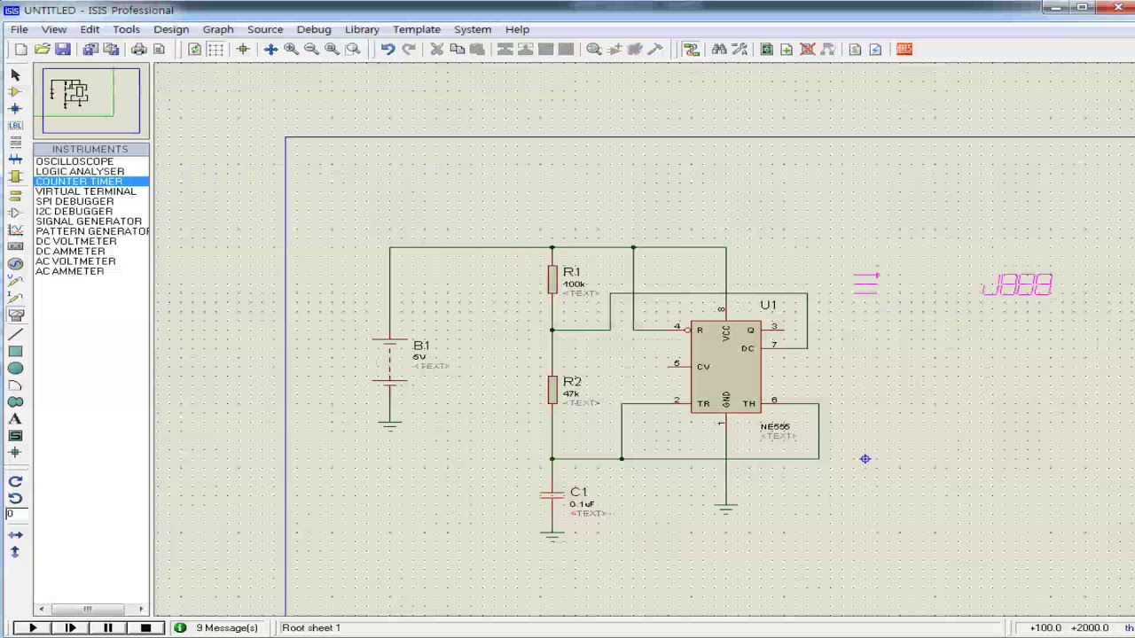 NE555 Counter Timer Virtual Instrument Test by Proteus