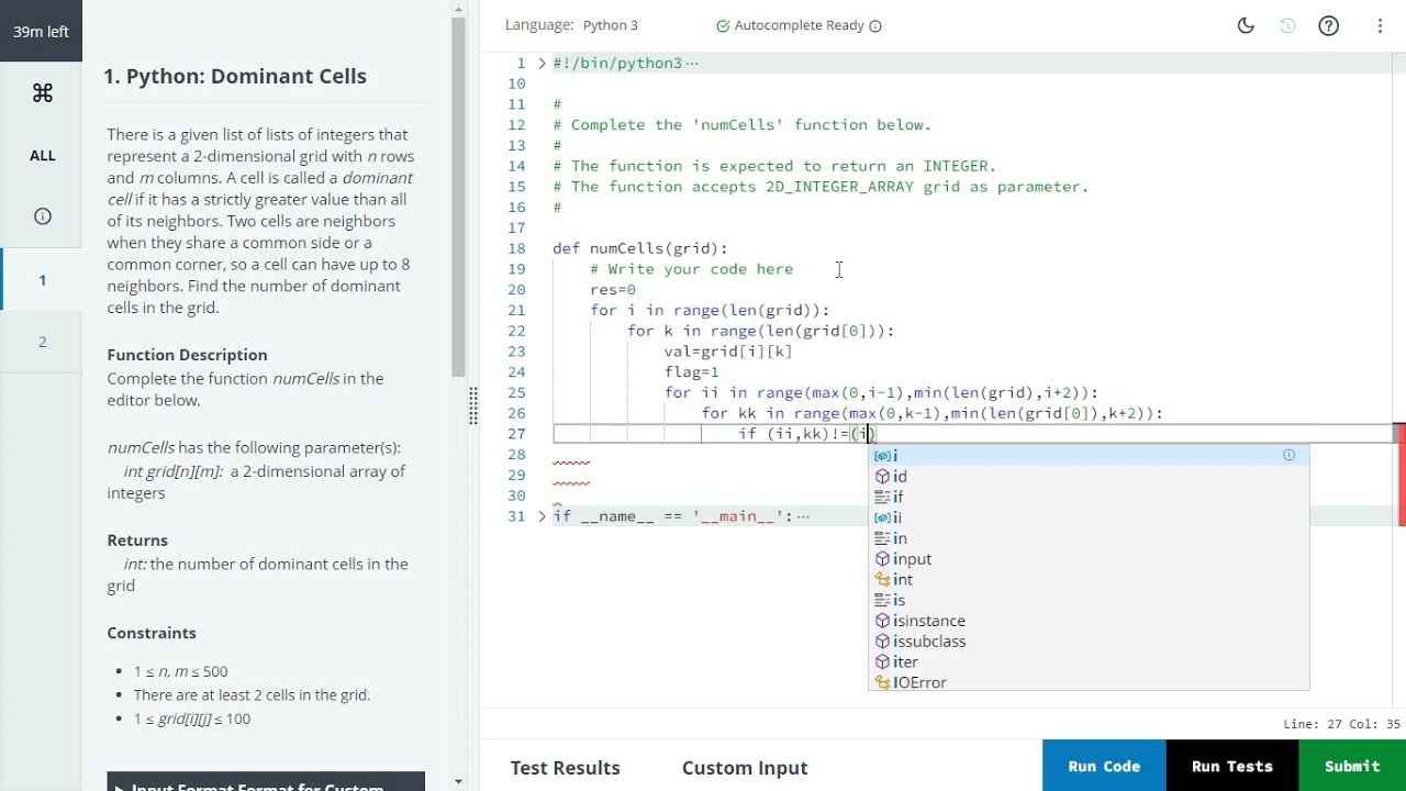 Python: Dominant Cells || Python (Basic) || HackerRank Skills Certifications || Solution