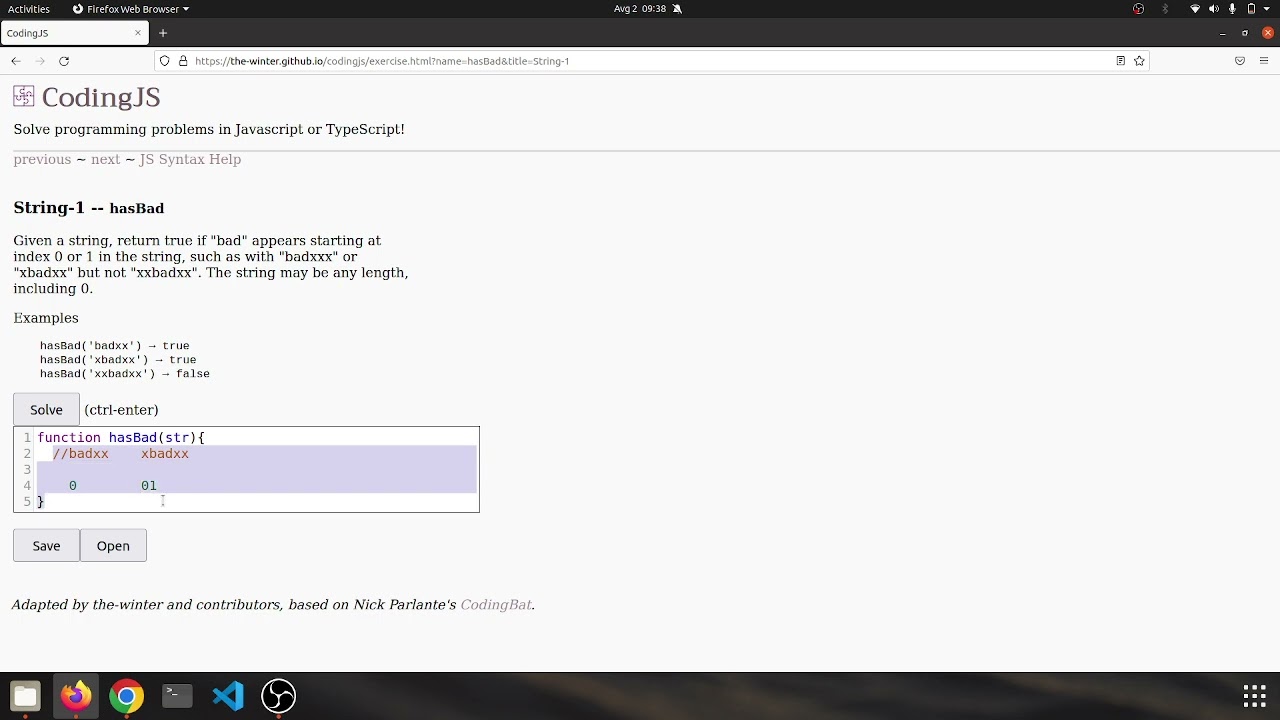 String 1  hasBad  Javascript solution