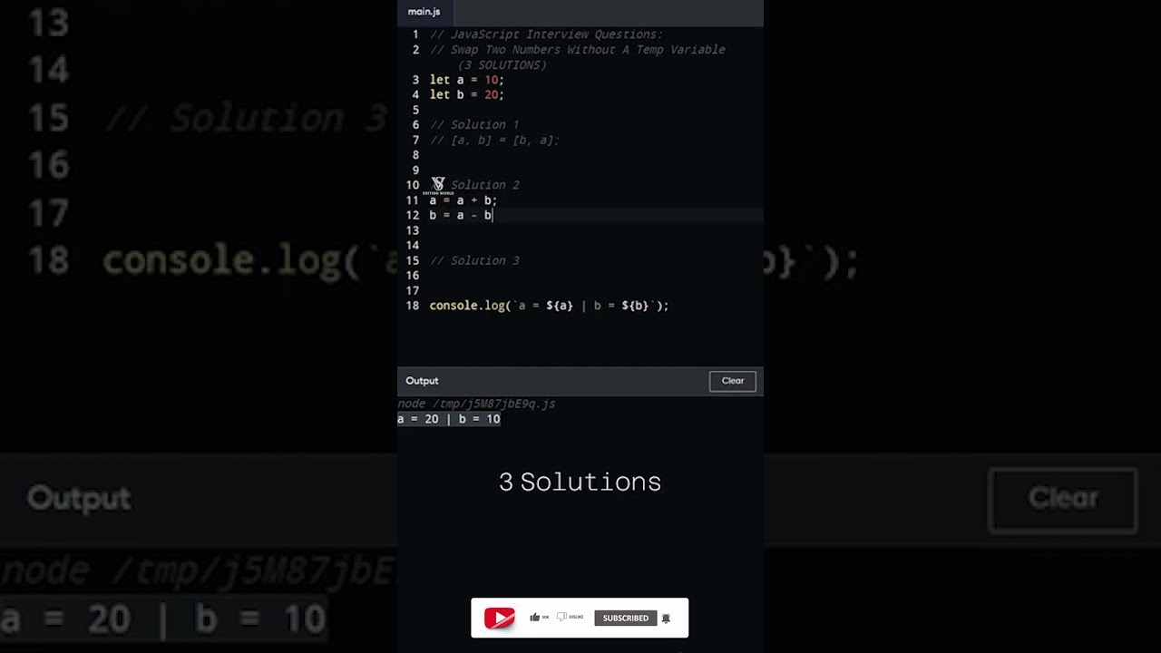 JavaScript Interview Questions Swap Two Numbers Without A Temp Variable #javascript  #codeninjas
