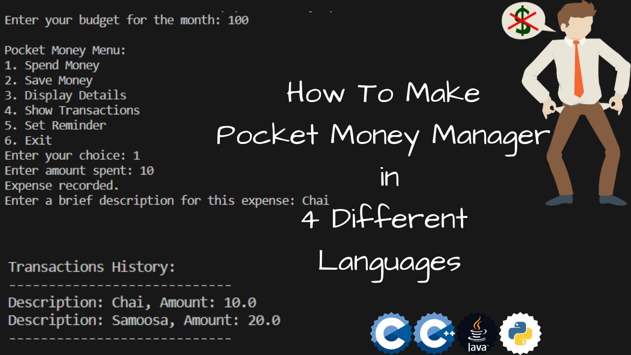 Pocket money manager in 4 different languages || c , cpp , java  and python || projects