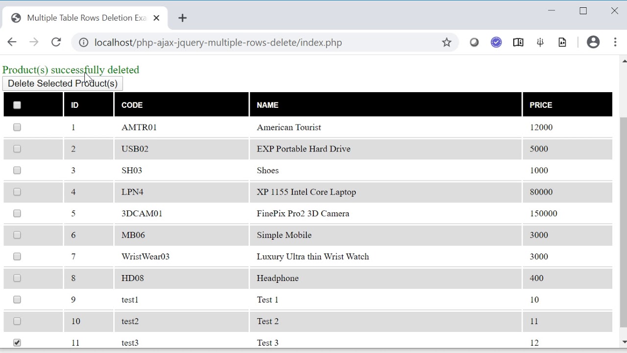 Delete Multiple Rows from Table using PHP, MySQL, AJAX, jQuery