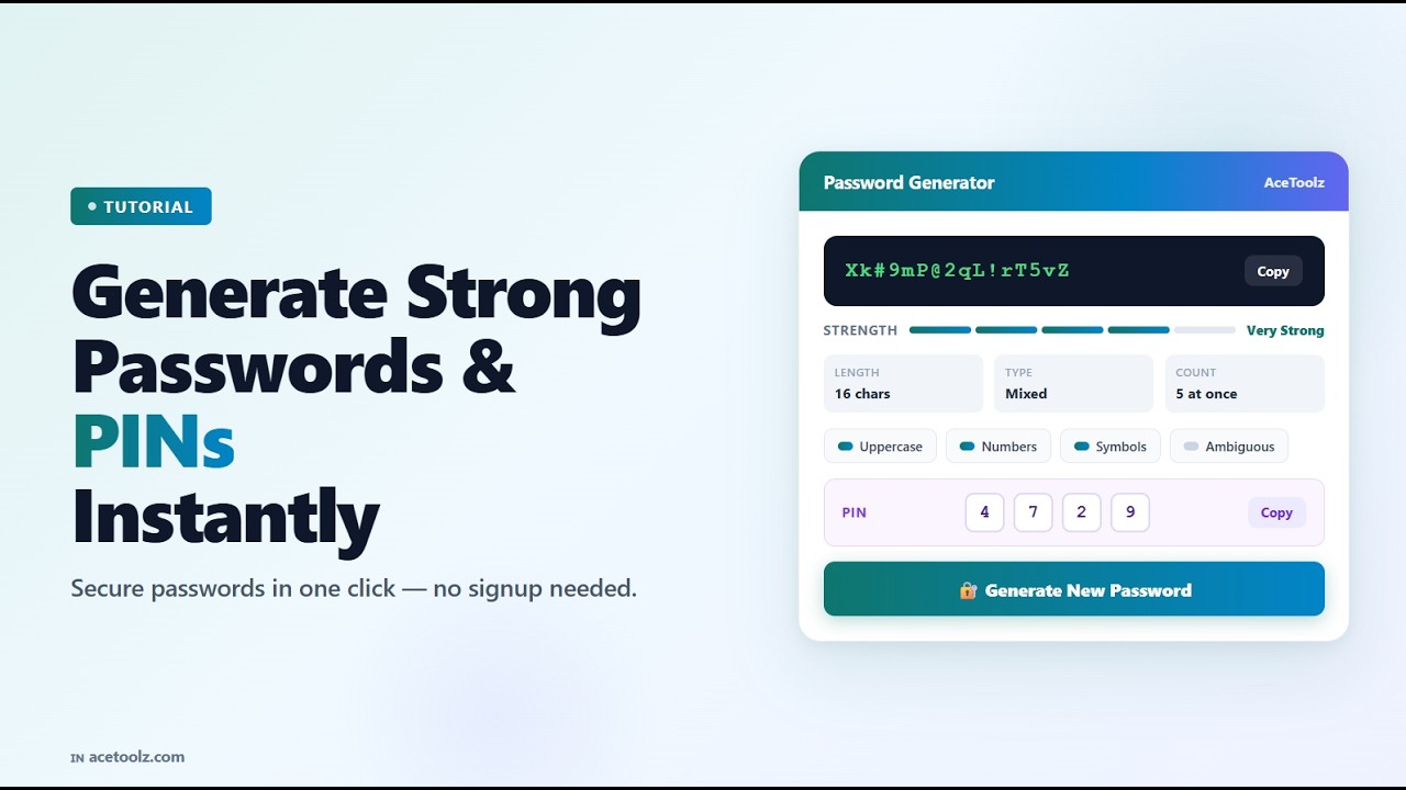 Generate Strong Passwords & PINs Instantly for Free | AceToolz Password Generator