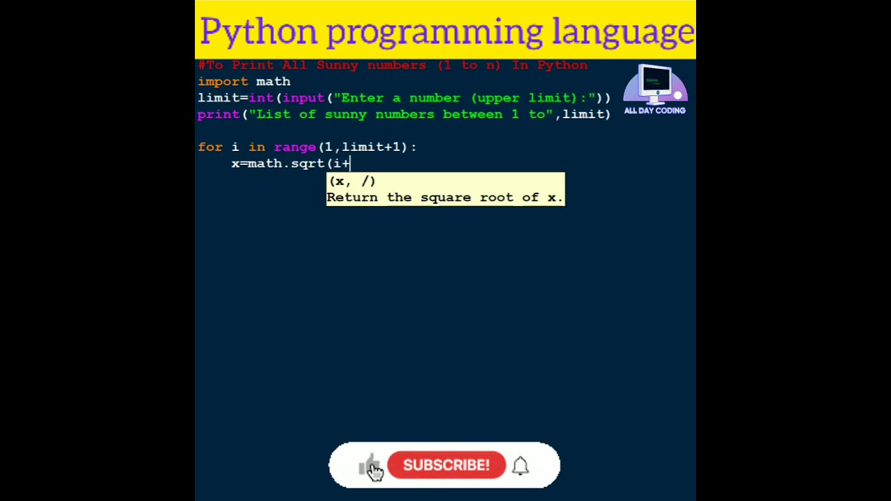#python 61 To Print All Sunny Numbers (1 to n) In Python | Computer Programming | #shorts #coding