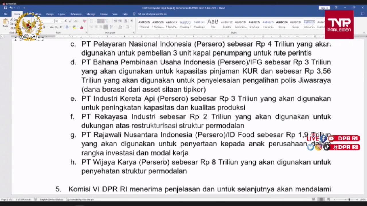 LIVE STREAMING -  KOMISI VI DPR RI RAKER DENGAN MENTERI BUMN RI