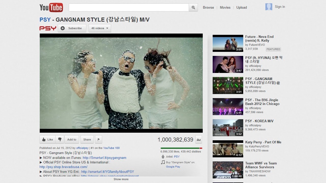 PSY's Gangnam Style on YouTube hit 1 billion views in December 2012