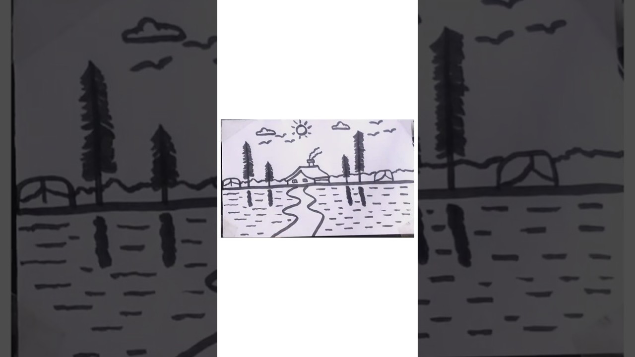 Easy Landscape Drawing 🏠✨ #shorts
