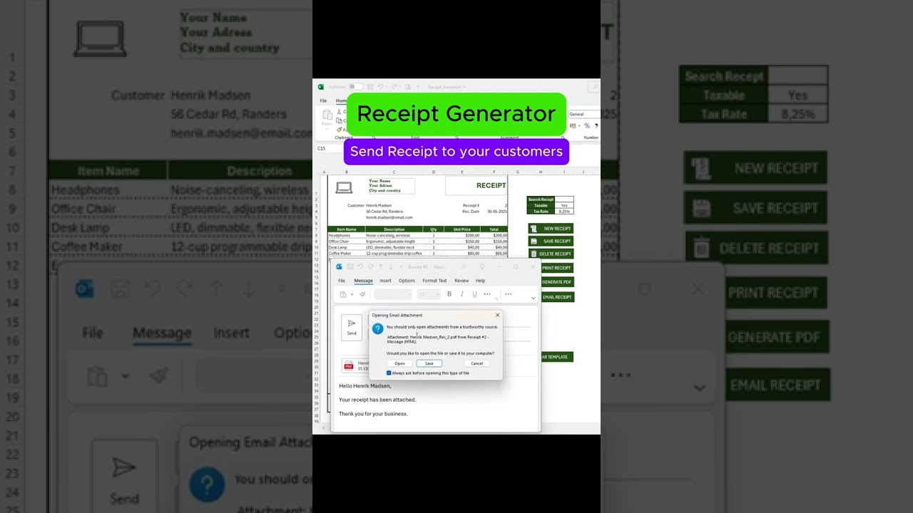 Built a Receipt Generator in Excel — PDF + Auto-Email Included 💼✨
