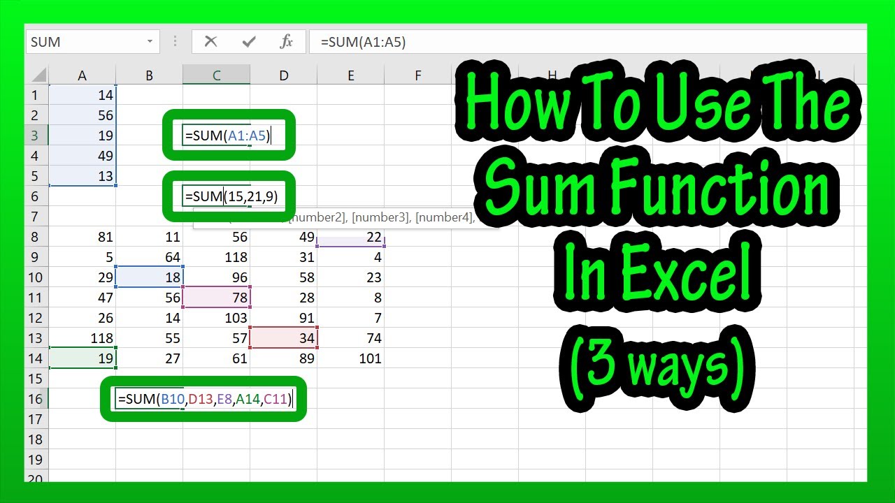 How To Use The Sum Function For Addition, Adding Values Together, Adding Cells Together In Excel
