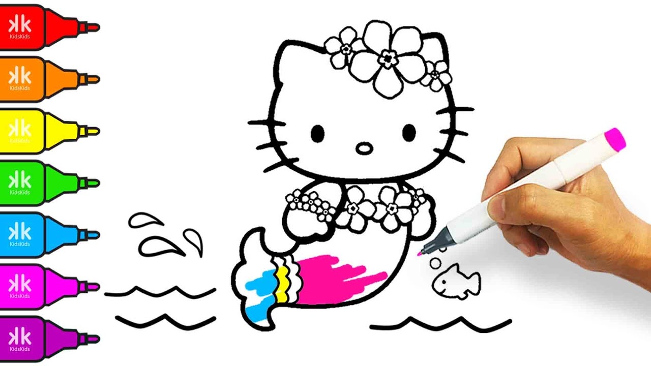 How to Draw Hello Kitty Mermaid | Coloring Pages for Kids, Children | Learning Colouring Book