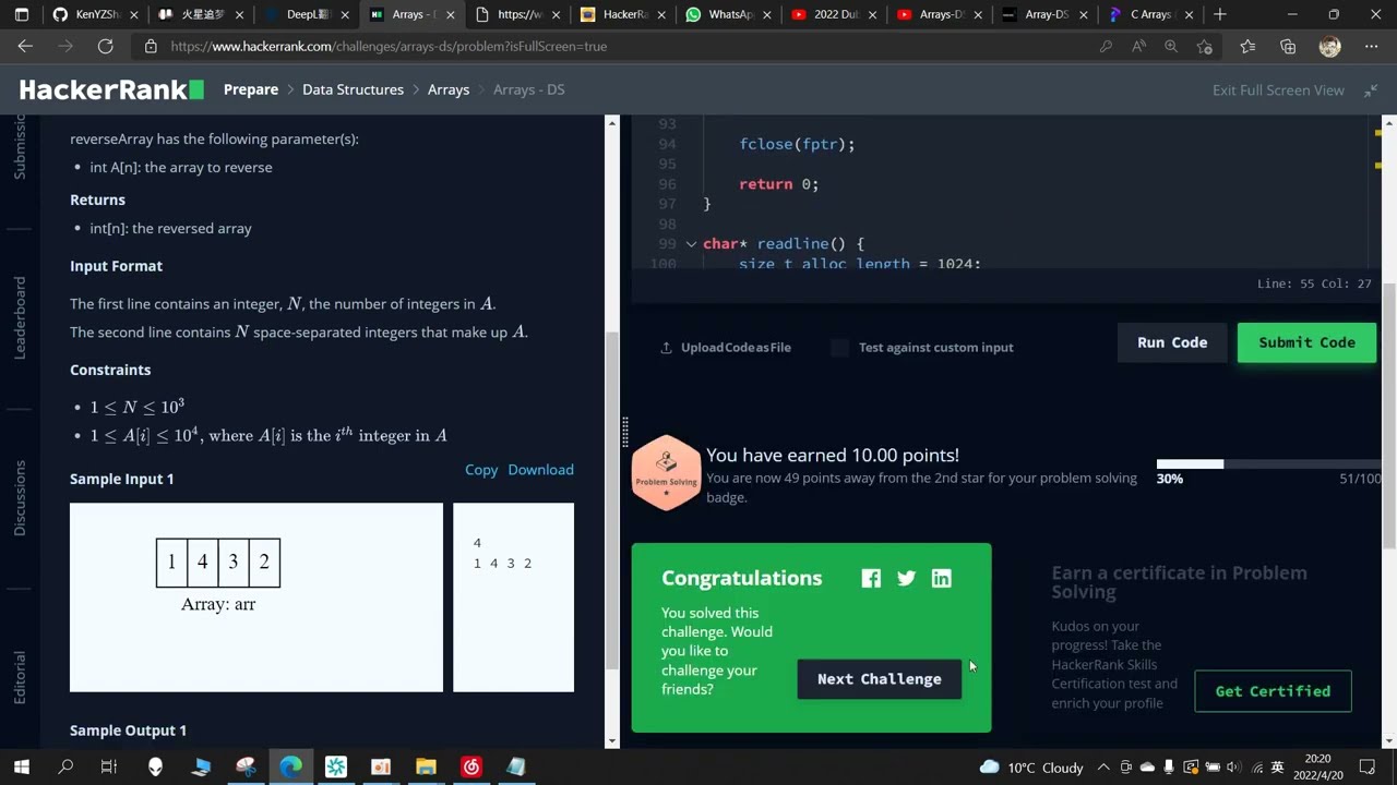 Hacker Rank Arrays DS solution in C
