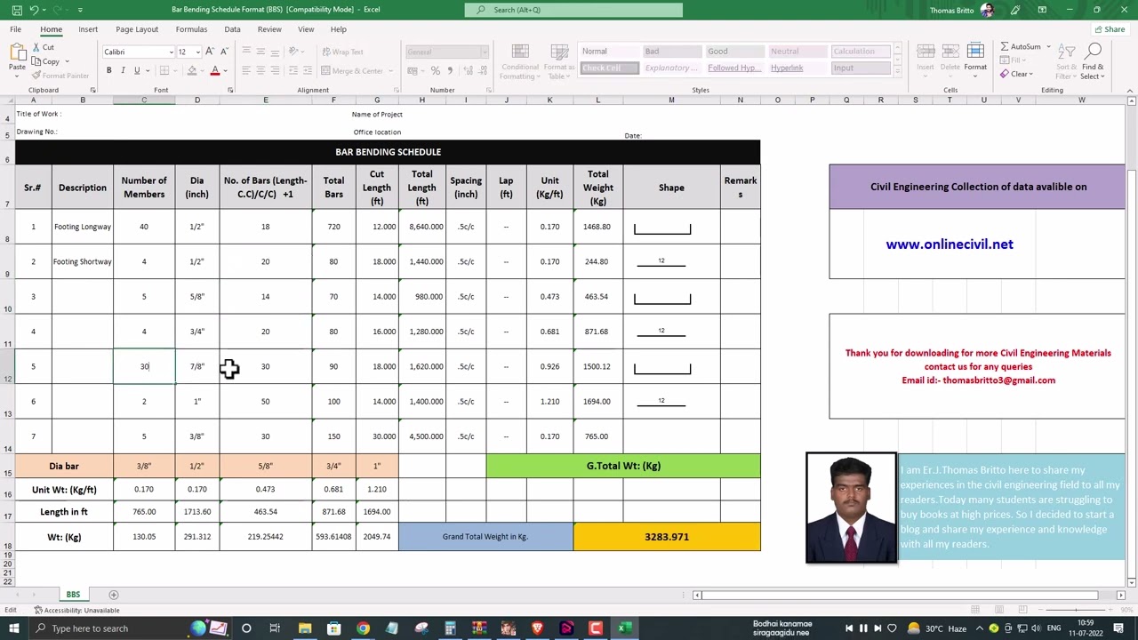 Bar Bending Schedule Format (BBS)