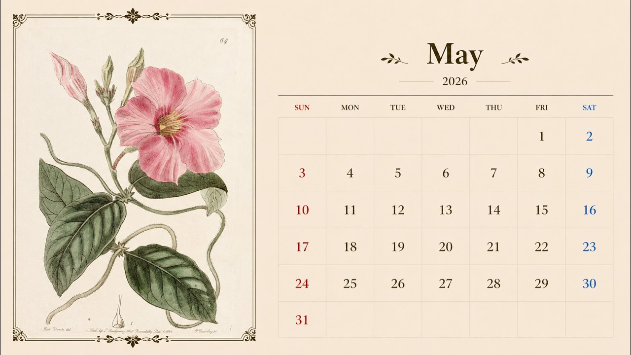 🖼️ May 2026 Calendar 🌸 Vintage Botanical Wallpaper Collection (3 Hours)
