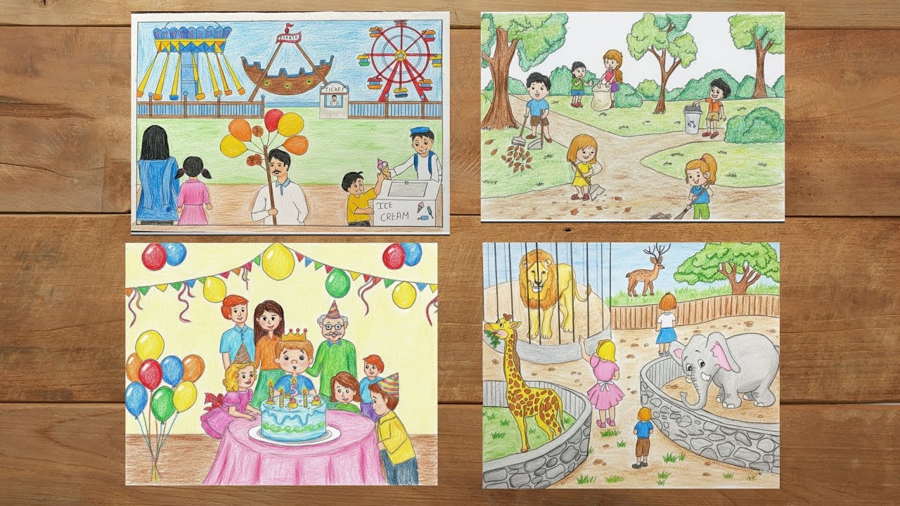4 easy memory drawing ideas. Colour drawing of the memory drawing. Memory drawing. 