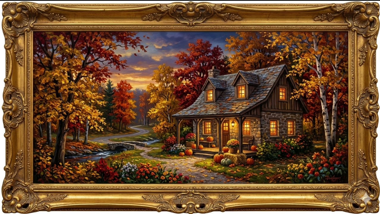 4K Fall Art Screensaver for Samsung Frame TV | Autumn Pumpkin Cottage Painting | Gold Frame | 2 hrs