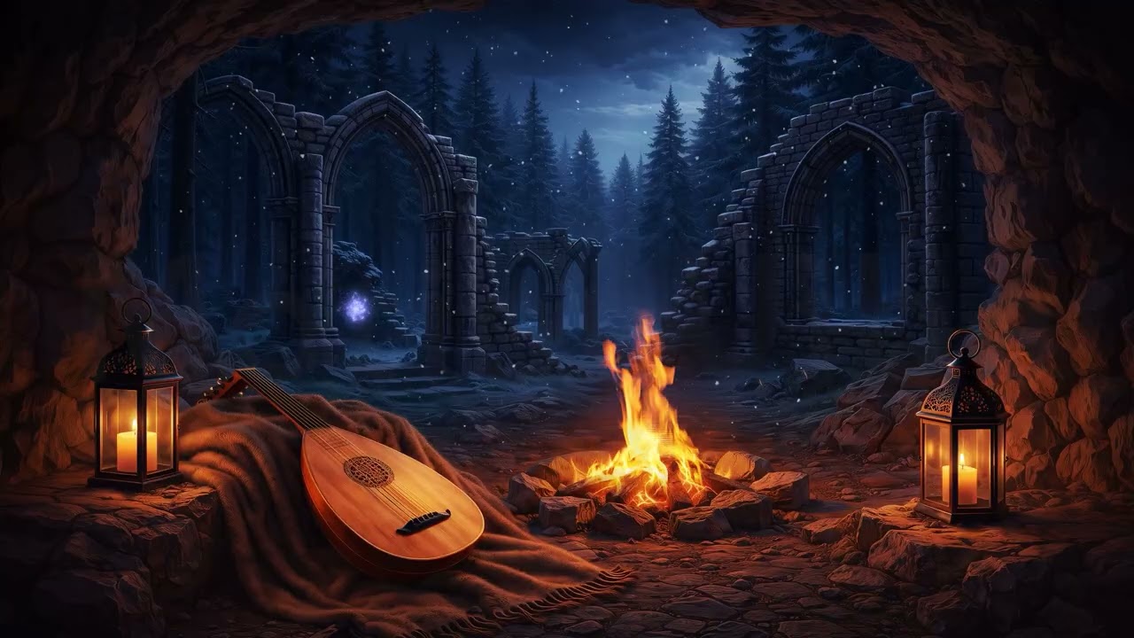 Fantasy Ruins Campfire 🔥 Medieval Cave & Mystic Forest | Magical Night Background