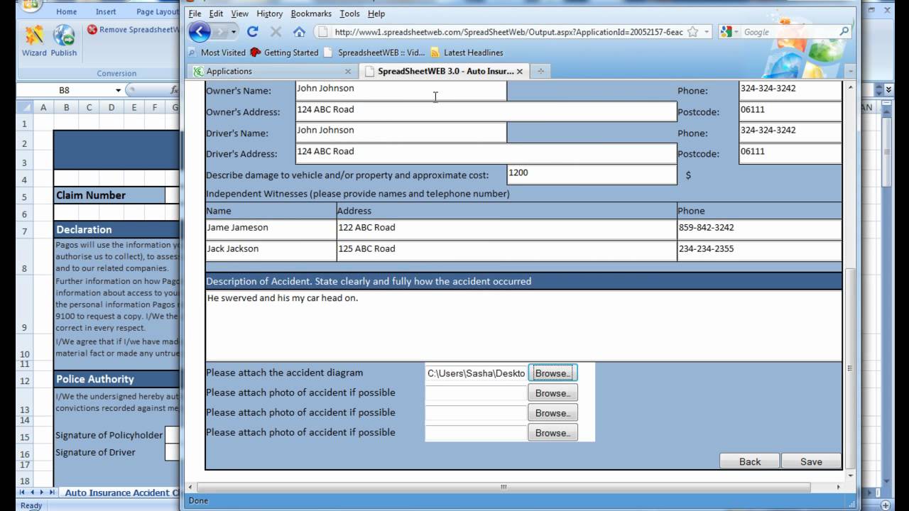 Creating an Automobile Insurance Claims Form Using SpreadsheetWEB