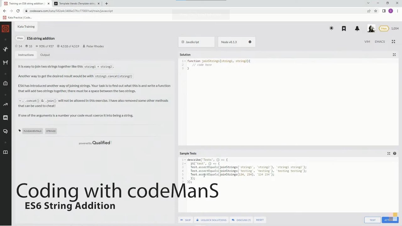 (Archived) Codewars 8 kyu ES6 String Addition JavaScript