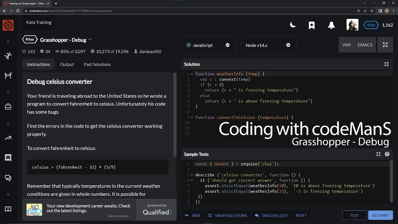 Codewars 8 kyu Grasshopper - Debug Javascript