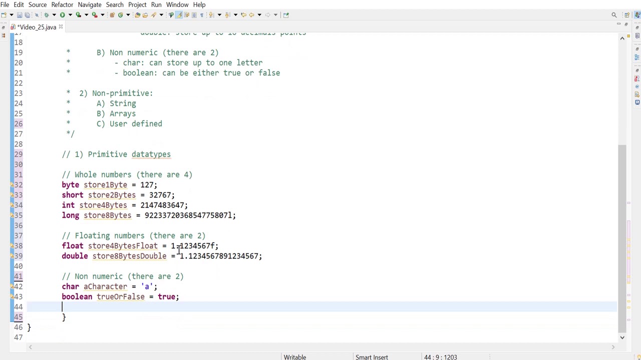 Java 25: Datatypes (primitive and non-primitive)
