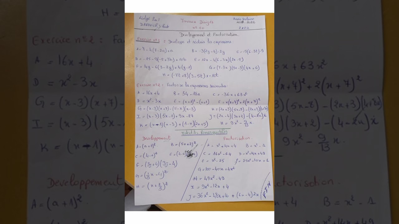 Exercice d'application Calcul littéral ##developpement .##factorisation .##identite remarquables#