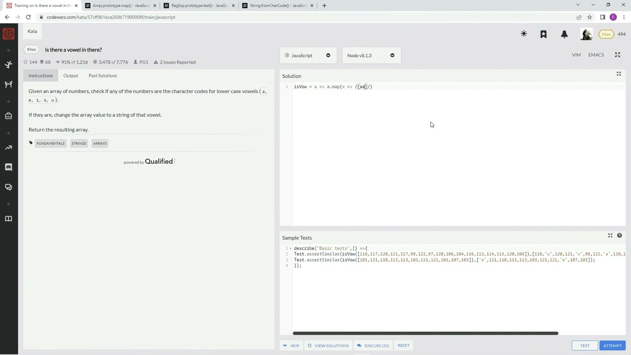 Codewars 8 kyu Is There a Vowel in There? JavaScript