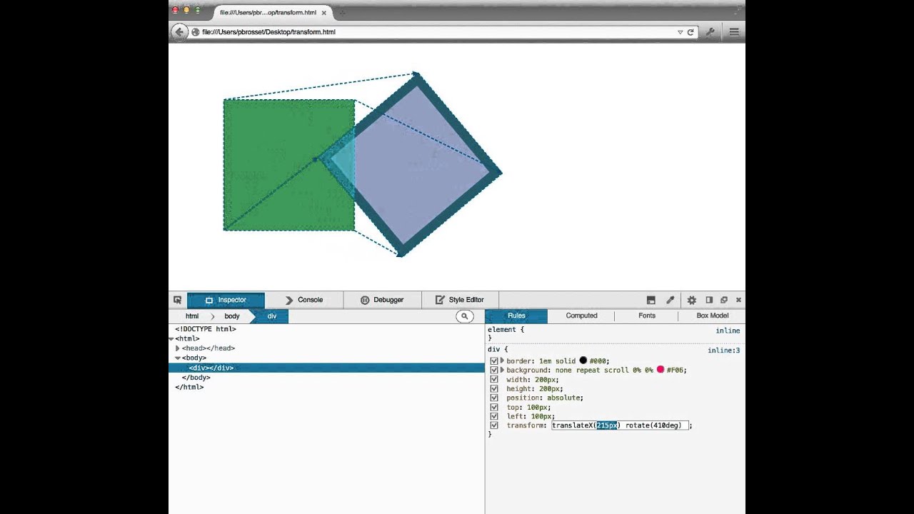 Visualize the effect of CSS transforms in FirefoxDevTools' inspector