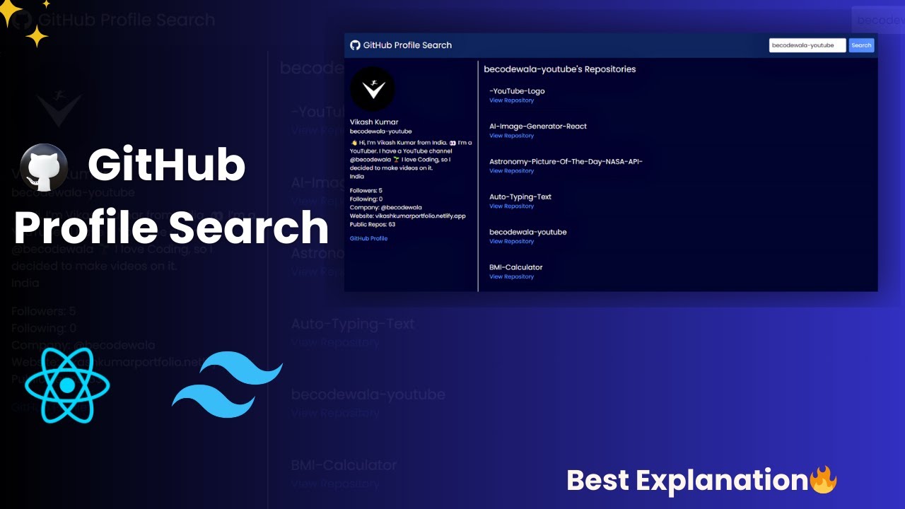 🍿Create GitHub Profile Search Using React | GitHub Api Key | Becodewala