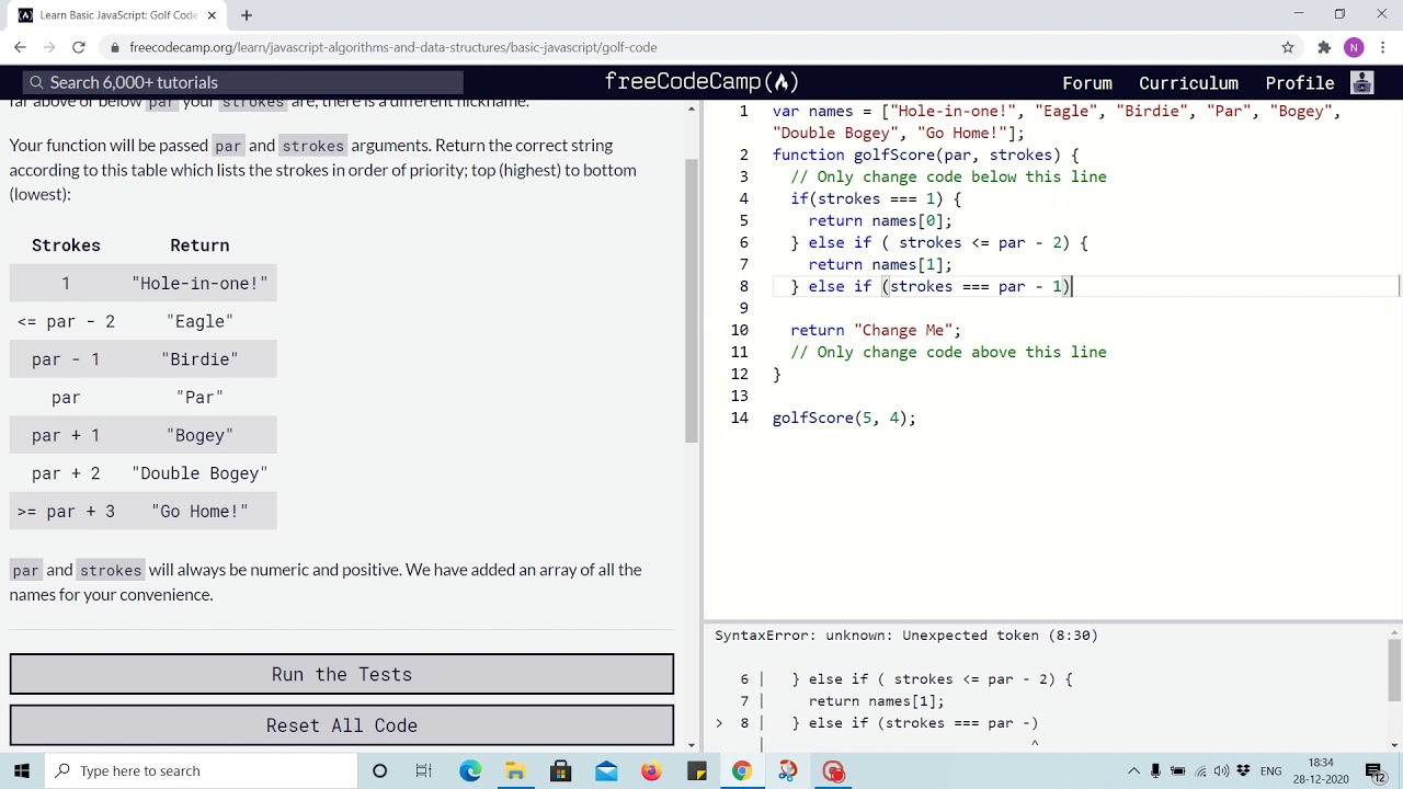 Lesson 73 - return golf code as example of if else - freecodecamp